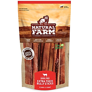 Natural Farm Odor Free Jumbo Bully Sticks (12 Inch, 5 Pack), Extra-Thick Chews for Dogs, Fully Digestible 100% Beef Treats, Supports Dental Health, Keep Your Dog Busy with 50% Longer Lasting Chews…