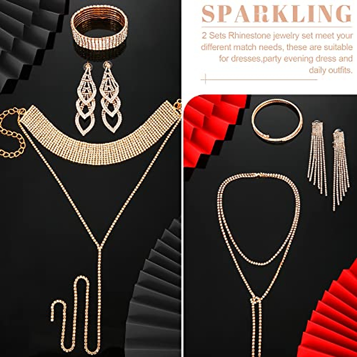 MTLEE 6 Pieces Women Rhinestone Jewelry Set Layered Choker Necklaces Long Tassel Necklaces Crystal Bracelet Cuff Bangles Diamond Tassel Dangle Earrings (Gold)