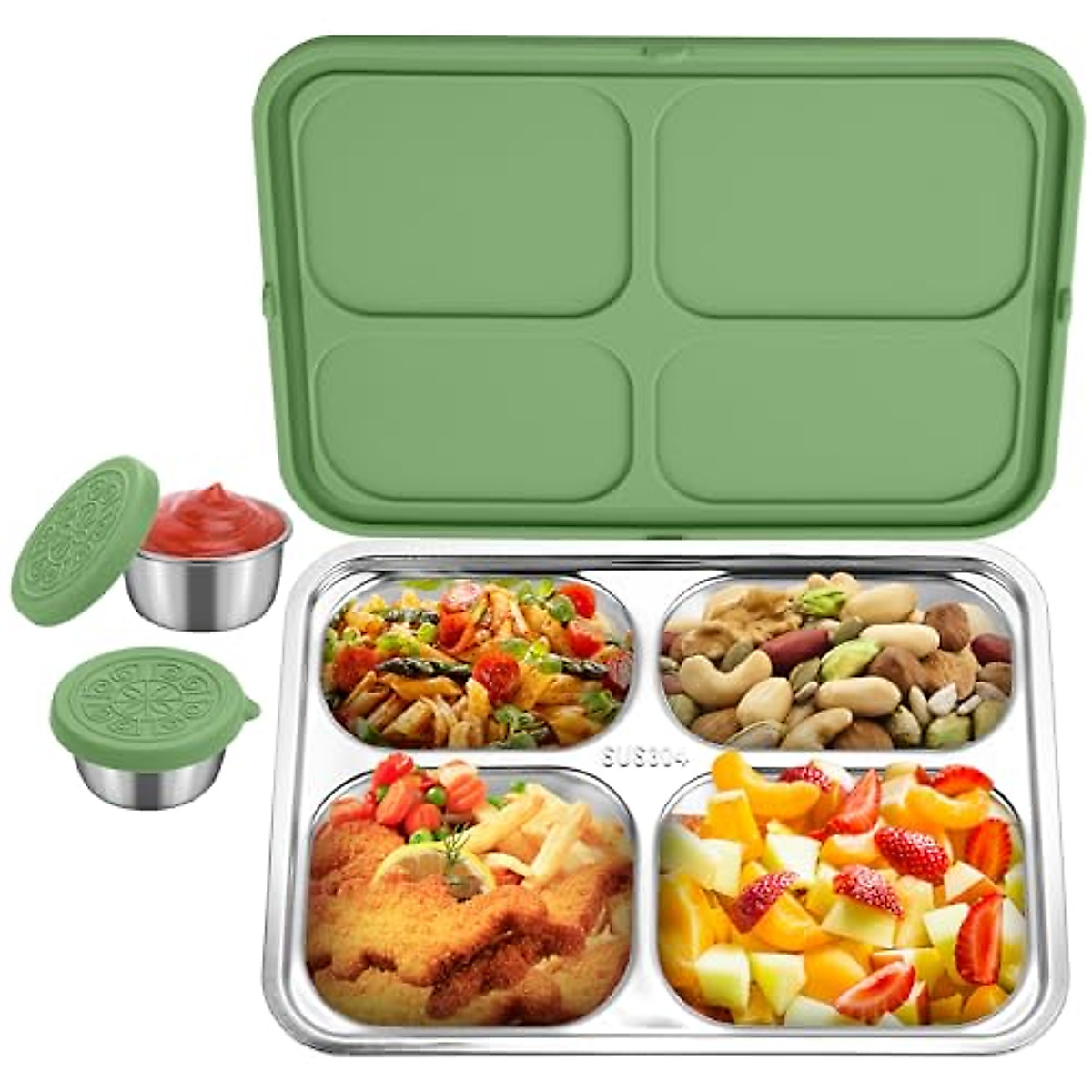 LEGELITE Stainless Steel Bento Box Container with 2 Sauce Cups, 4 Compartments Premium Bento Box, Metal Lunch Box Set for Kids or Adults (Sage)