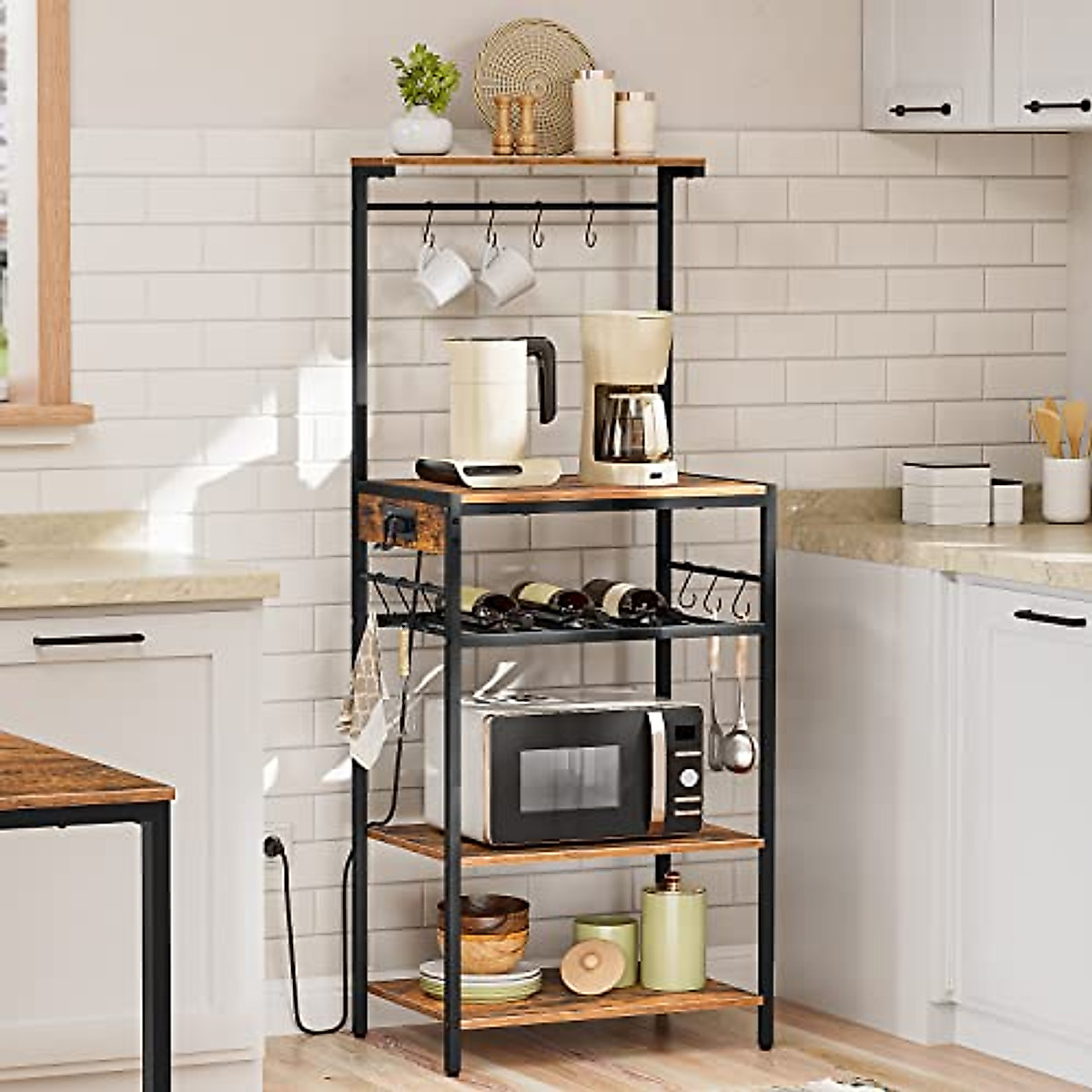 HOOBRO Bakers Rack with Power Outlet, 4-Tier Microwave Stand with Adjustable Wine Rack, Coffee Bar with 10 S-Shaped Hooks, for Kitchen, Living Room, Dinning Room, Rustic Brown BF60UHB01