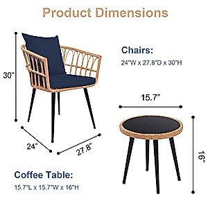Koruiten 3-Piece Patio Bistro Sets, Outdoor Wicker Dining Conversation Furniture Sets with Cushions, Tempered Glass Side Table and 2 Patio Porch Chairs for Balcony, Backyard (Dark Blue)