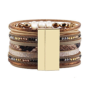 AZORA Leather Cuff Bracelet Multi Strands Beige Wrap Bangle with Pearl Boho Jewelry for Women Christmas Gift
