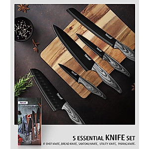 hecef 5 PCS Non-stick Coated Kitchen Knife Set with PP Handle and Protective Sheath, Exclusive Black Chef knife set, Scratch Resistance & Rust Proof (Wood Grain)