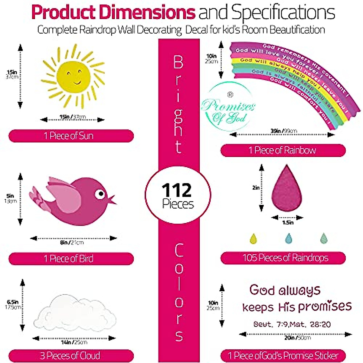Promises Of God Rainbow Wall Decal Set for Kids - Pink, 85” x 68.5”, 112 Total Stickers - Bible Verses, School Decorations, Classroom, Nursery Decor, Polyvinyl Chloride, Reusable, Waterproof