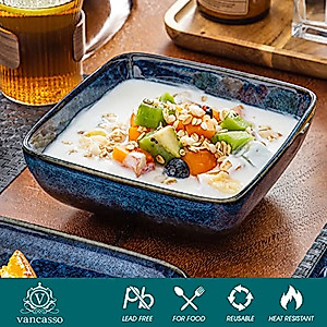 vancasso Stern Blue Dinner Set Square Reactive Glaze Tableware 16 Pieces Kitchen Dinnerware Stoneware Crockery Set with Dinner Plate, Dessert Plate, Bowl and Soup Plate Service for 4