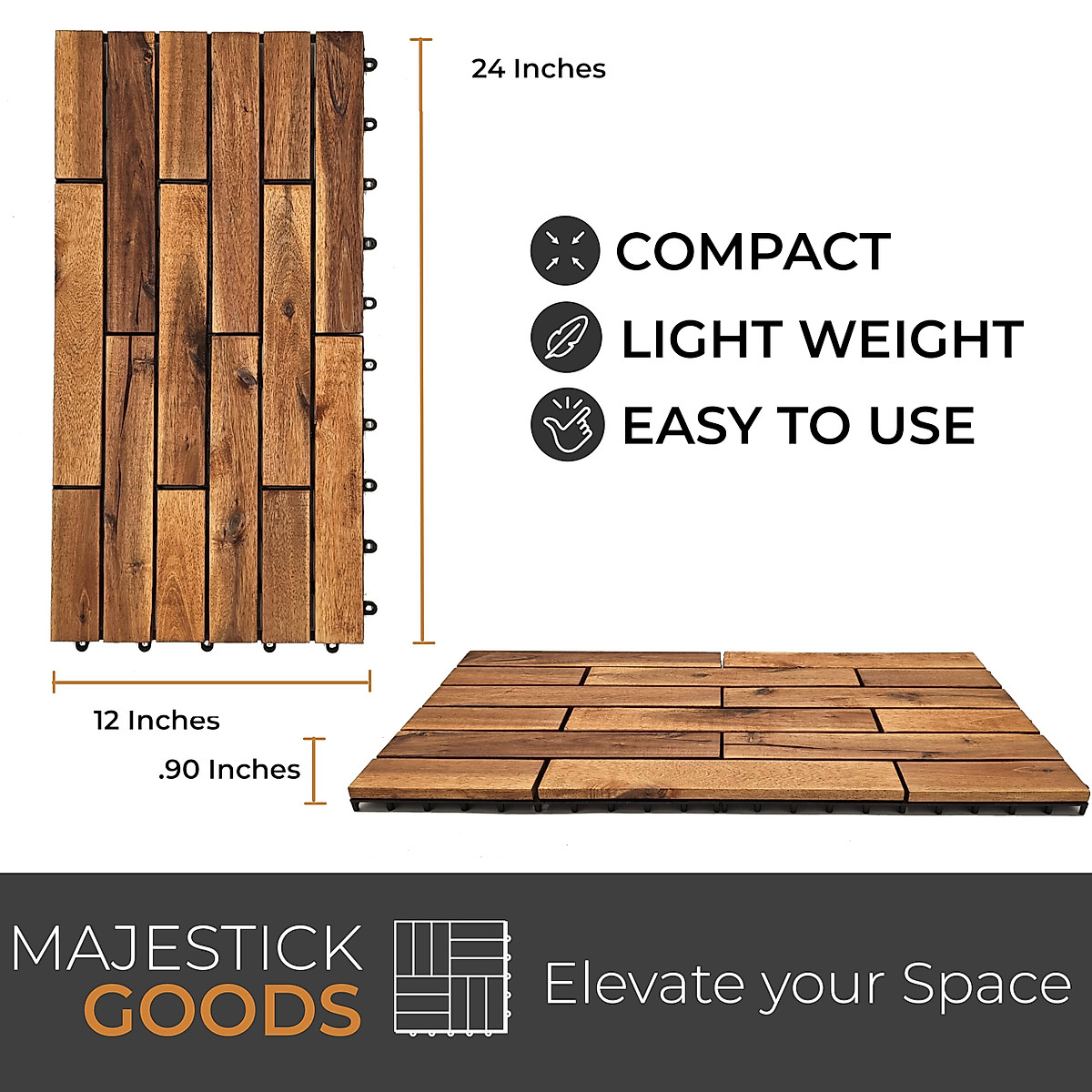 Interlocking Deck Tiles 24 x 12 Long Boards Snap Together Wood Flooring - Acacia Hardwood Outdoor Flooring for Patio - Floor Decking Tile, Waterproof Balcony Flooring 12 Sq Ft (1 Pack (6 Pieces))