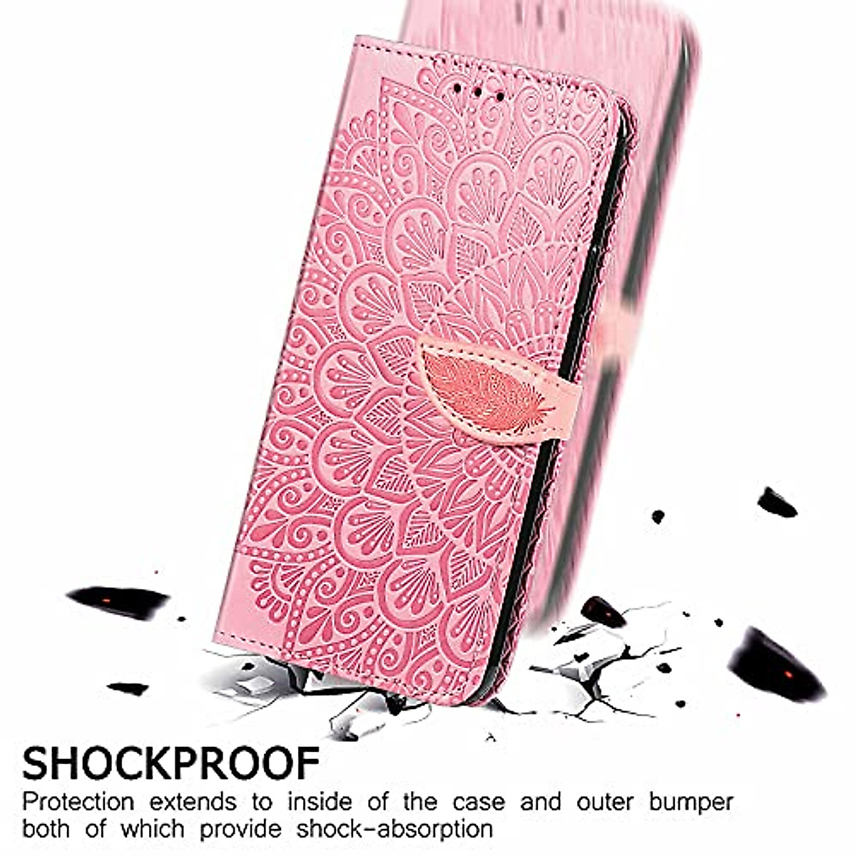 ONV Wallet Case for Oppo A57 5G 2022-1.5M Adjustable Strap Emboss Feather Flip Phone Case Card Slot Magnet Leather Shell Flip Stand Cover for Oppo A57 5G 2022 [MZY] -Pink