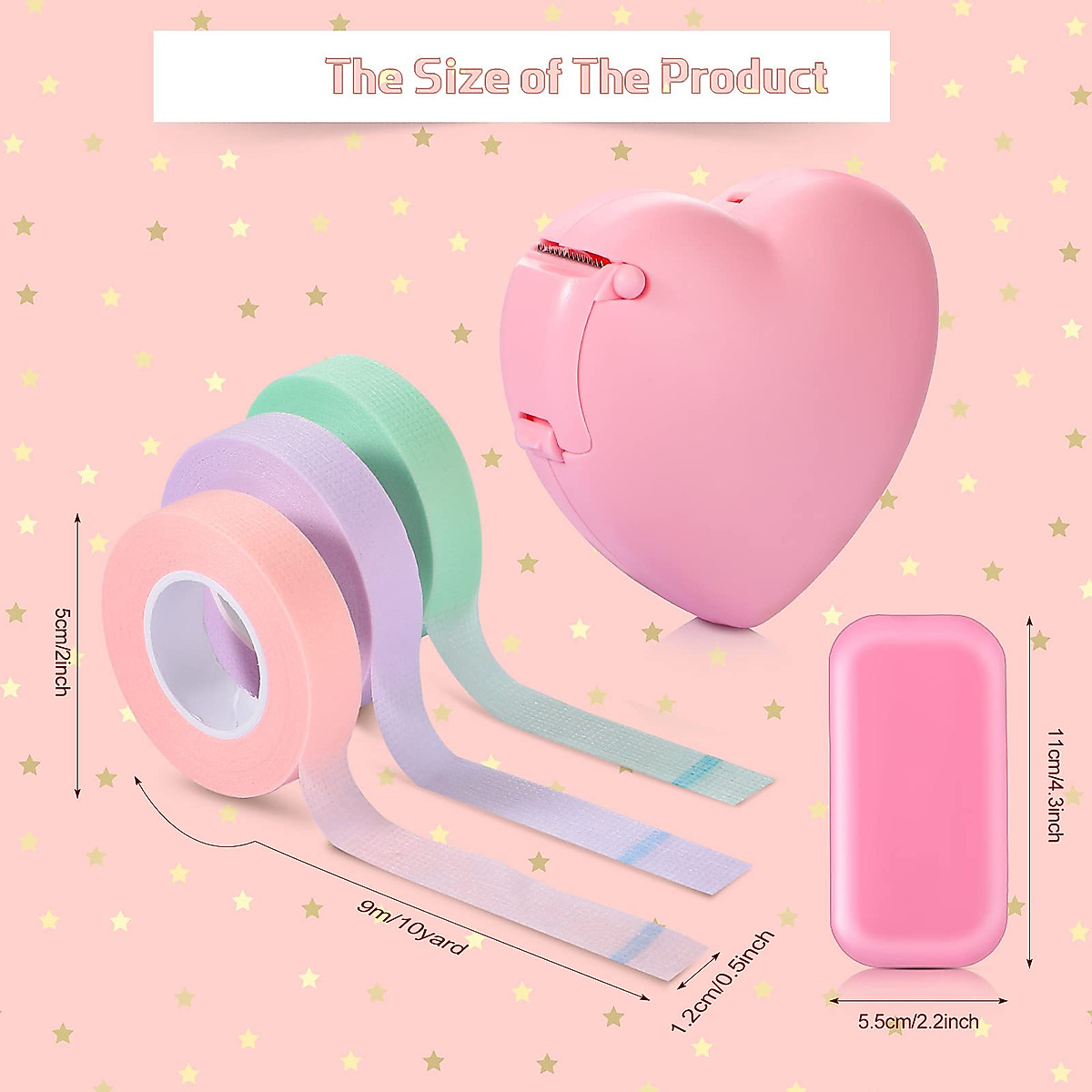 12 Rolls Eyelash Extension Tape Breathable Lash Tape with Silicone Eyelash Pad Eyelash Grafting Pad and Heart-shaped Tape Cutter, Adhesive Non-woven Lash Tape Colorful Makeup Lash Tape for Women