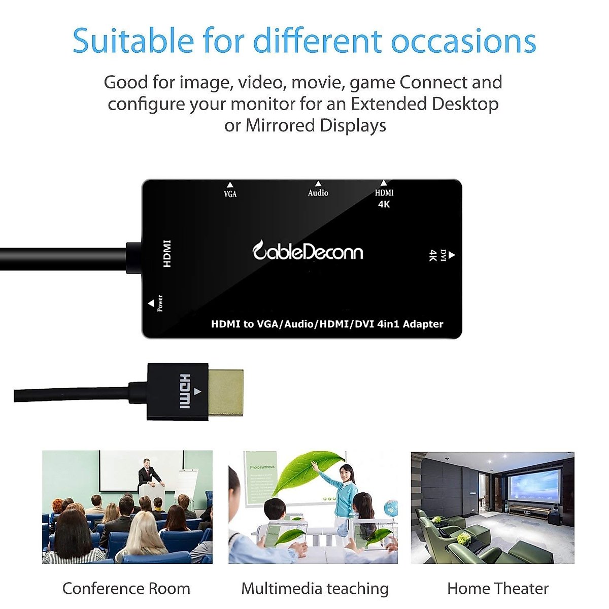 CableDeconn Multiport 4-in-1 HDMI to HDMI DVI 4K VGA Adapter Cable with Audio Output Adapter Converter (Black)