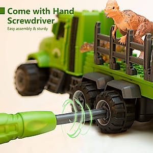 LTKFFFdp Boy Toys Car Toys for Boys Girl 5 6 8 9 10 12 Year Old with 10 Dinosaur Figures, Take Apart Construction Truck Building Toys with Sound Light, Learning Birthday Carrier Vehicle Playset Gifts