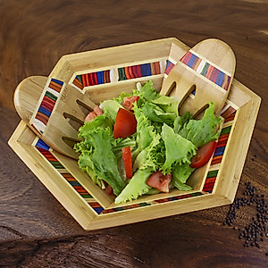 Baltique Marrakesh Collection 14" Salad Serving Bowl with Salad Hands, Bamboo and Colored Birch Wood