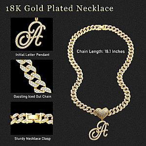 Krfy Cursive Gold Initial Pendant Necklace Iced Out Miami Cuban Link Chain for Women 18K Gold Plated Alphabet Letter Pendant Choker Hip Hop Chain Trendy Rapper Jewelry