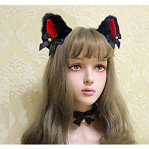 Fxaelian Animal Anime Cute Wolf Bear Cat Dog Ears Headband with Bells Bows Halloween Cosplay Costume Party Hairband Headwear Headpiece Hair Accessories for Women Men Adult Black Red