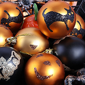 Halloween Hanging Ball Ornaments, 12pcs 2.16" Halloween Hanging Glitter Ball Decorations Plastic Reflector Rounds Hounted House Prop Toys, Spider Web Ghost Cat Printed for Halloween Hanging Decor