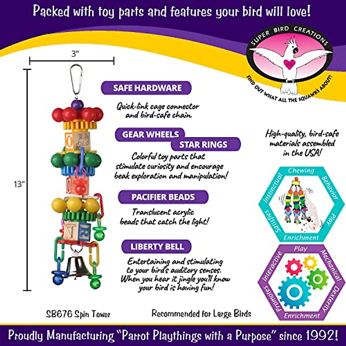 Super Bird Creations SB676 Spin Tower Bird Toy, Large Bird Size, 13" x 3" x 3"