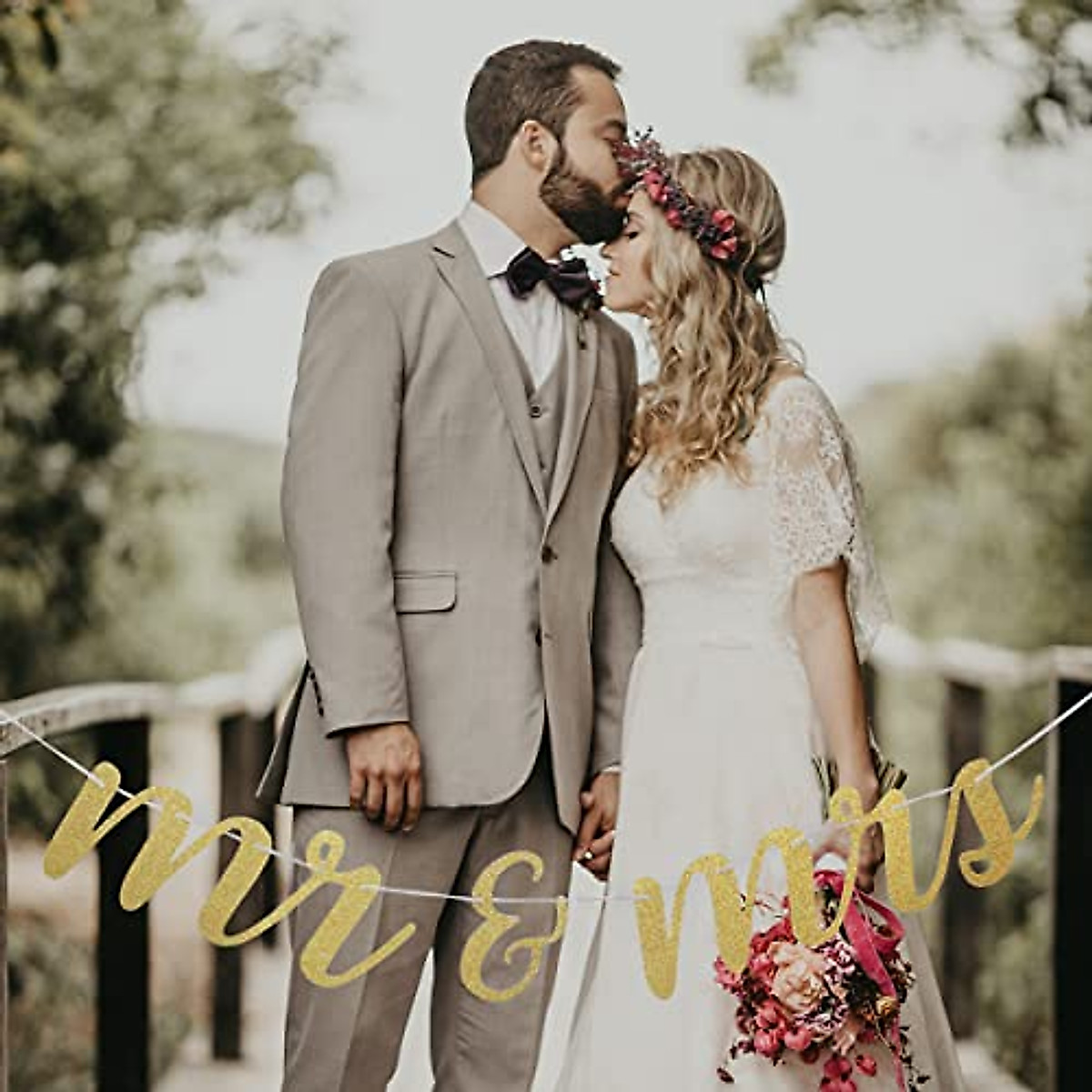 Pre-Strung Mr & Mrs Sign for Wedding Table - Wedding Decorations for Reception and Ceremony , Wedding Sign Gold Wedding Decor , Sweetheart Table Wedding Banner for Bride and Groom Chair - by Prazoli