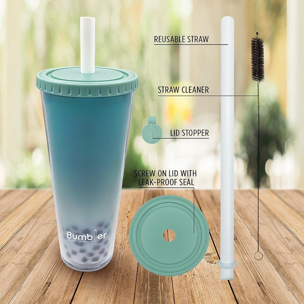 Bumbler 24oz Large Reusable Portable Eco-Friendly Tumbler | Drinking Cup with Wide Soft Tip Straw, Aesthetic Leak-Proof Lid – for Boba Tea, Smoothies, Iced Coffee, Hot or Cold Drinks – Fresh Mint