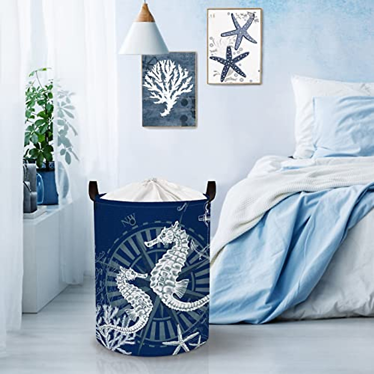 Clastyle 45L Waterproof Blue Seahorse Laundry Baskets for Clothes Collapsible Animal Storage Laundry Hamper with Drawstring, 14.2 * 17.7 in