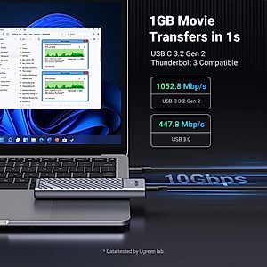 UGREEN M.2 NVMe SATA SSD Enclosure Aluminum 10Gbps USB C External Portable NVMe M.2 Enclosure USB 3.2 Gen2 Support UASP Trim for M/B+M Key NVMe and SATA SSD in Size of 2230/2242/2260/2280