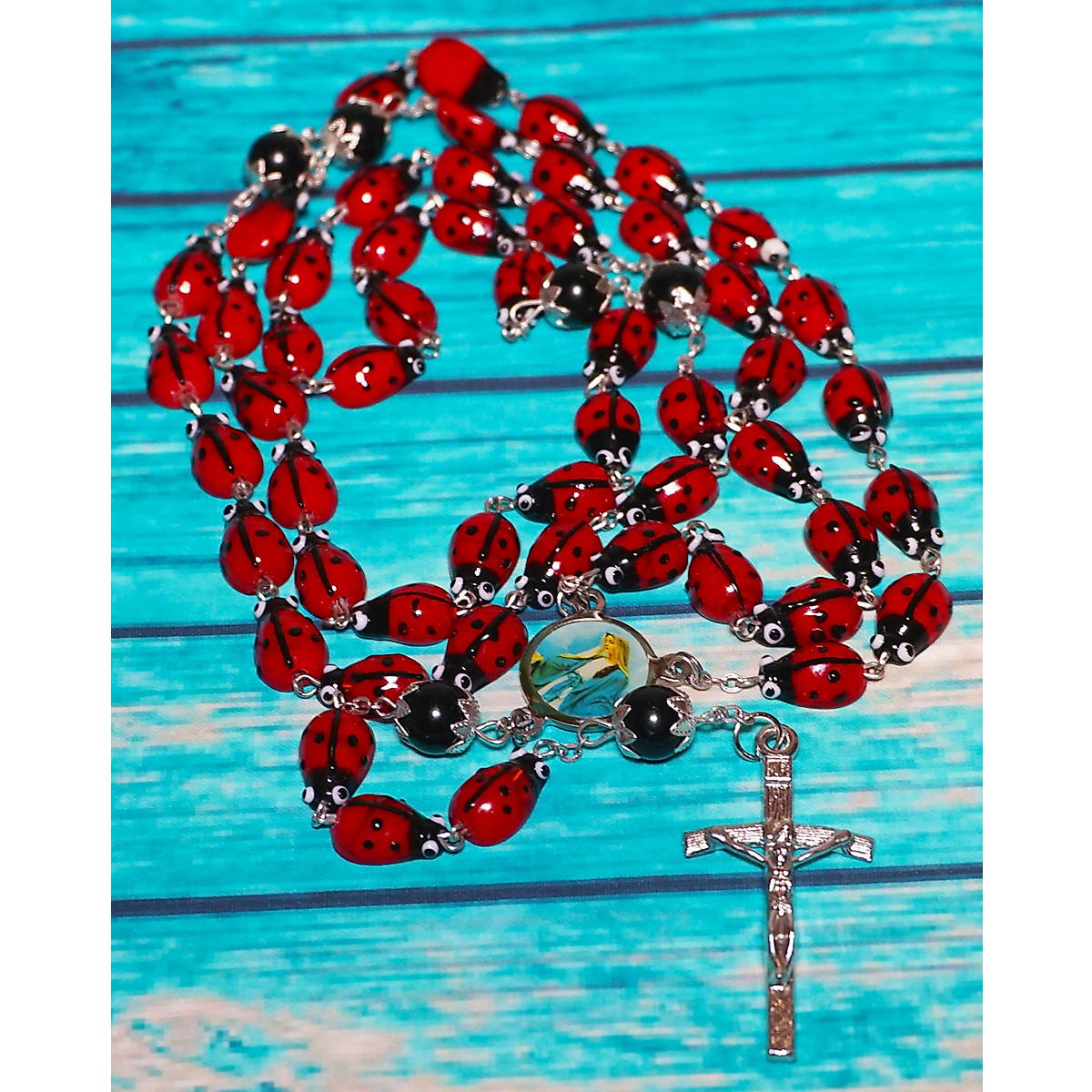col-p Catholic Steel Rosary Ceramic Ladybug Devotional 29" inch long centerpiece Lady of Grace Sanctified Papal Crucifix Zinc Alloy