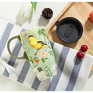 TZSSP Coffee Ceramic Mug Porcelain Latte Tea Cup Travel Mug With Lid 17oz,Song Bird