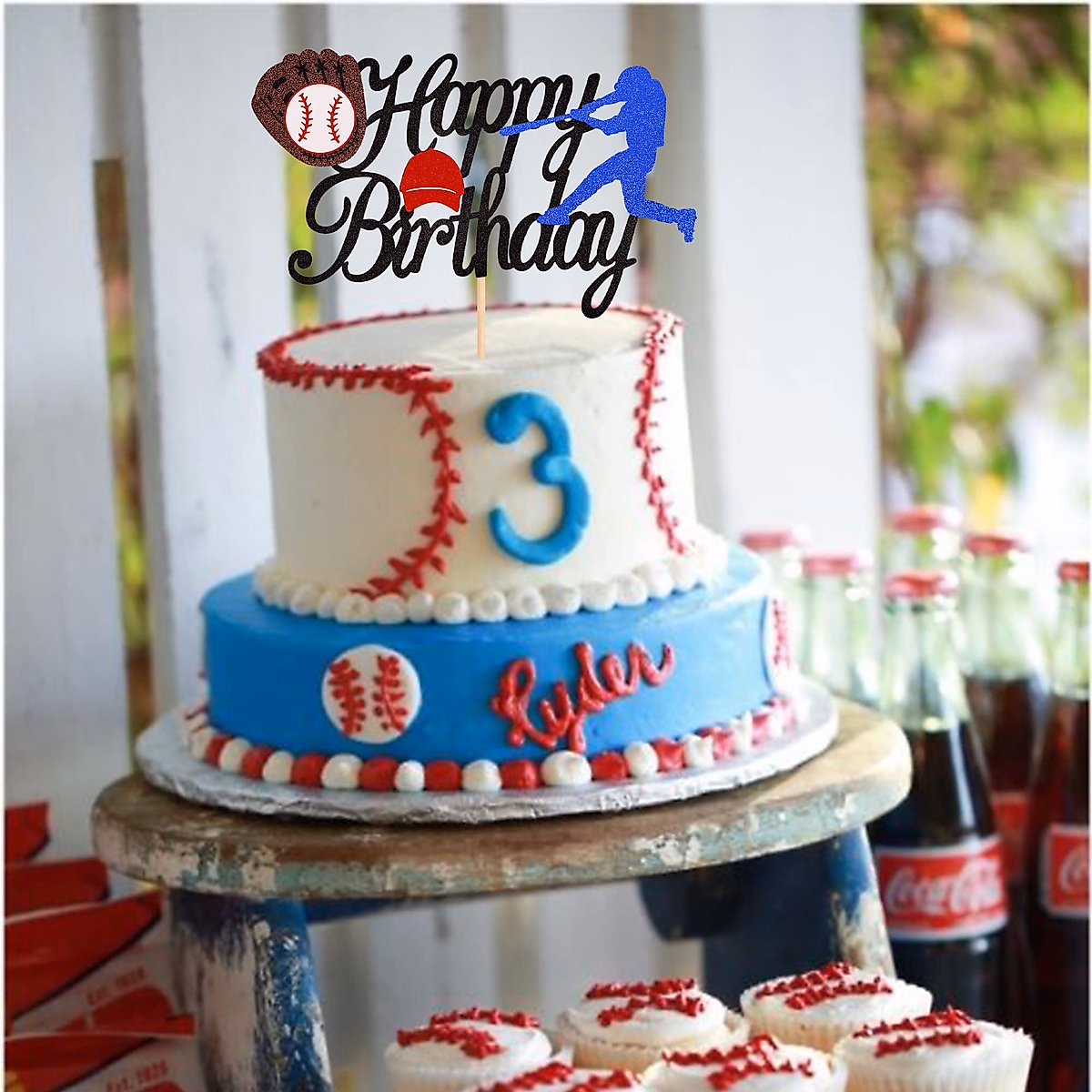 1 PCS BaseBall Happy Birthday Cake Topper Glitter Baseball Player Sports Theme Cake Pick Decorations for Baseball Theme Baby Shower Kids Birthday Party Cake Decorations Supplies