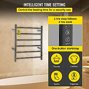 VEVOR Heated Towel Rack, 6-Bar Towel Warmer Rack, Wall Mounted Electric Towel Warmer, Electric Towel Drying Rack with Timer, Matte Black Stainless Steel Heated Towel Warmer for Bath, Plug-in/Hardwired