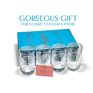 Vintage Art Deco 1920s Highball Cocktail Glasses | Set of 4 | 14 oz Tall Crystal Tumblers for Drinking Mojito, Whiskey Highball, Gin Rickey, Classic Long Bar Drinks | Large Hiball Glassware