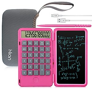 Hion Calculator,12-Digit Large Display Office Desk Calcultors with Erasable Writing Table,Rechargeable Hand held Multi-Function Mute Pocket Desktop Calculator for Basic Financial Home School (Pink)