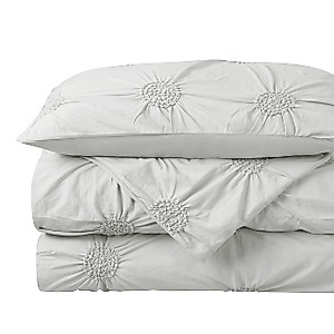 Swift Home Twin/Twin XL Light Grey Dorm Bedding - Floral Pintuck Duvet Cover Set - 2 Pieces Back-to-School Bed Linen, 1 Duvet Cover and 1 Pillow Sham