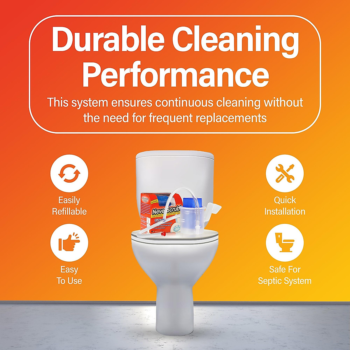 NeverScrub! Self Cleaning Toilet System - Automatic Toilet Bowl Cleaner with Starter Cartridge, Lasts Up 3 Months Continuous Cleaning - Refillable Toilet Bowl Cleaner for Stains, Rings, and Odor