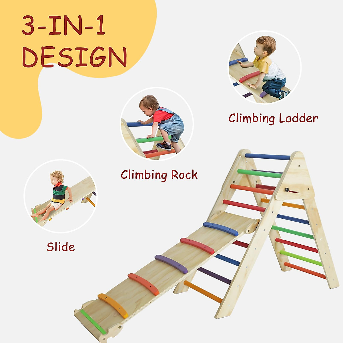 Babion Pikler Triangle Set, 2-in-1 Toddler Climbing Toys Indoor, Indoor Playground Climbing Toys for Toddlers, Indoor Jungle Gym, Montessori Climbing Set with Triangle & Ramp