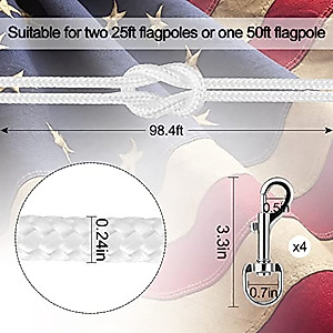 Flag Pole Rope Kit - 100ft Flag Pole Halyard Rope 1/4" Thick with 4 Pcs Zinc Alloy Swivel Snap Hooks for Flagpoles Up to 50ft, Double Braided Nylon Flagpole Line Rope Outdoor Flagpole Accessories