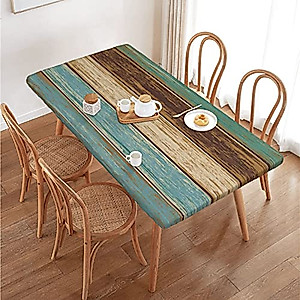 Aiojool Teal Wood Grain Tablecloth Fitted Table Cloth for 4 Foot Rectangle Table, Elastic Edged Table Cover for Indoor Outdoor Patio Picnic, 30 X 48 Inch