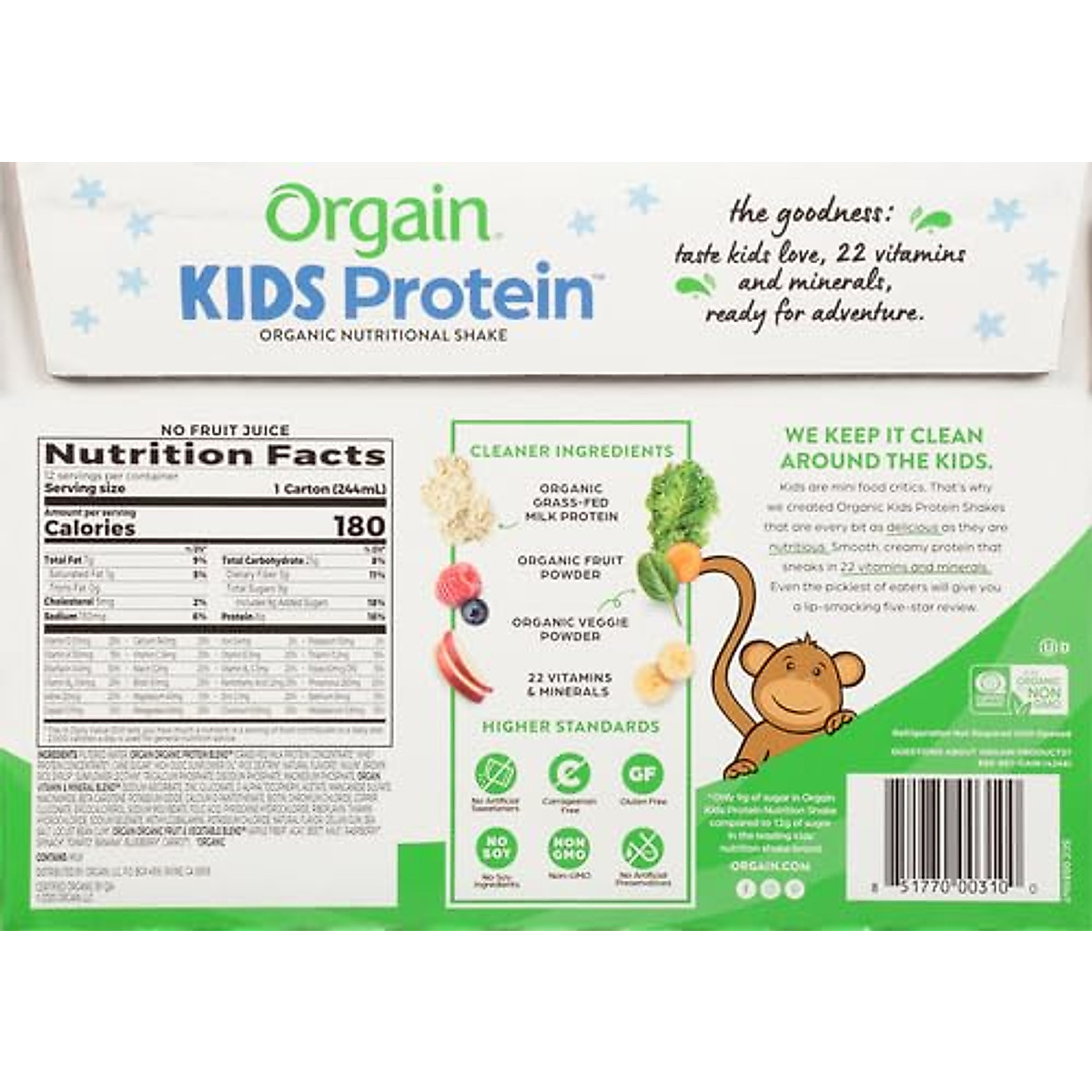 Orgain Organic Kids Nutritional Protein Shake, Vanilla - Kids Snacks with 8g Dairy Protein, 22 Vitamins & Minerals, Fruits & Vegetables, Gluten Free, Soy Free, Non GMO, 8.25 Fl Oz (Pack of 12)