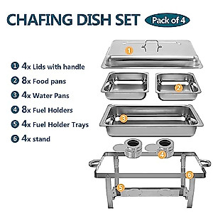 Chafing Dish Buffet Set 8 QT 4 Pack Stainless Steel,Buffet Servers and Warmers Chaffing Servers with Covers Folding Stand Food Warmer for Parties Buffets