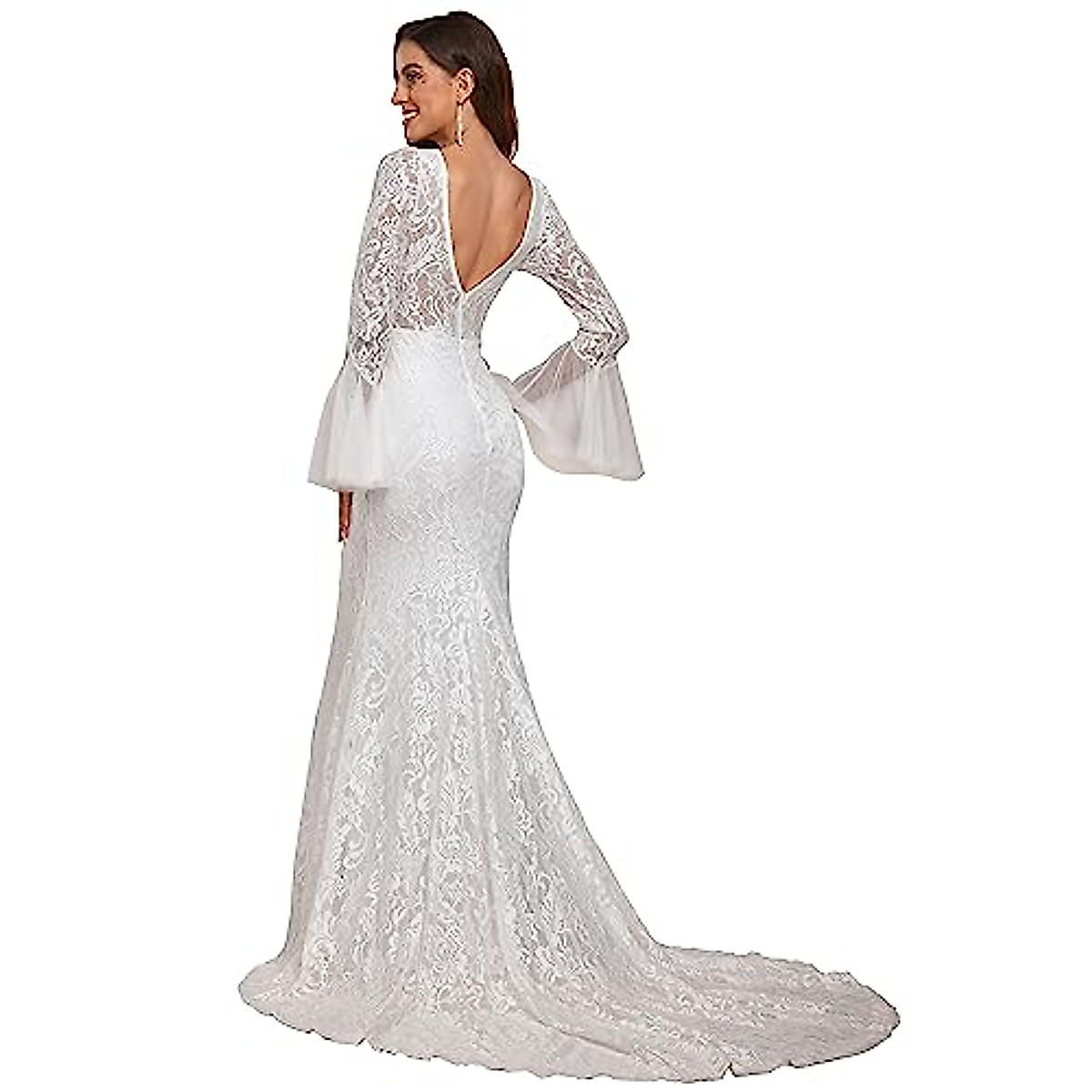 Ever-Pretty Women Custom Curve Charming Open Back Tulle Floor Length Bridal Dress with Long Lace Trian White US30