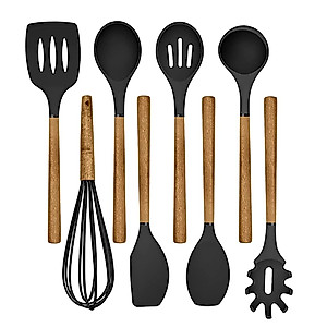 Country Kitchen Silicone Cooking Utensils, 8 Pc Kitchen Utensil Set, Easy to Clean Wooden Kitchen Utensils, Cooking Utensils for Nonstick Cookware, Kitchen Gadgets and Spatula Set - Black