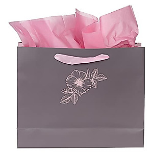 Christian Art Gifts Decorative Large Faith-based Landscape Gift Bag w/Scripture & Card & Tissue Paper Set for Women - Strength & Dignity - Proverbs 31:25 Inspirational Bible Verse, Gray & Pink Floral