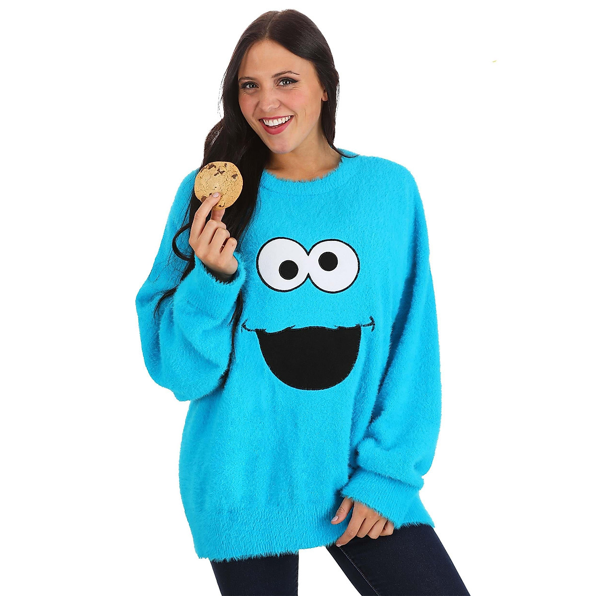 Fun Costumes Sesame Street Cookie Monster Fuzzy Oversized Sweater for Adults | Muppets Pullover Cosplay Clothing & Apparel L Blue