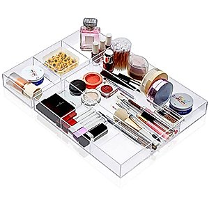 Clear Drawer Organizer 2 Pieces 6 Section Clear Desk Organizer with Dividers 3 Section Acrylic Makeup Tray Divided Clear Drawer Inserts Sectioned Organizer Tray Makeup Organizer Drawers Storage