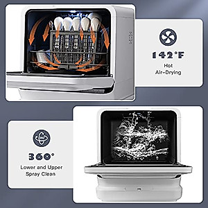 ARLIME Compact Countertop Dishwasher, Portable Dishwasher W/7.5-L Built-in Water Tank, 5-Program, 360° Dual Spray, 24H Air-Dry Function, Child Lock, Mini Dishwasher for Apartments, Dorms & RVs, White