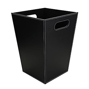 KINGFOM Classic Pu Leather Trash Can Wastebasket, Garbage Container Bin with Handles for Bathrooms, Powder Rooms, Kitchens, Home, Office and and High Class Hotel Square Black