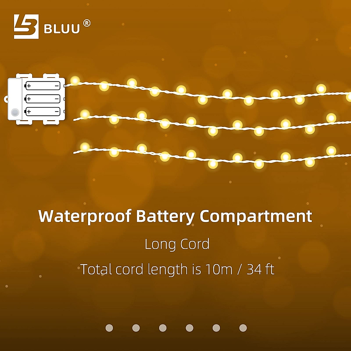 BLUU String Lights 34ft Outdoor 100 Led Crystal Globe Bulb 33 Feet Long String Lights 8 Lighting Modes, Waterproof Battery Powered Patio Lights for Garden Yard Porch Wedding Party Decor