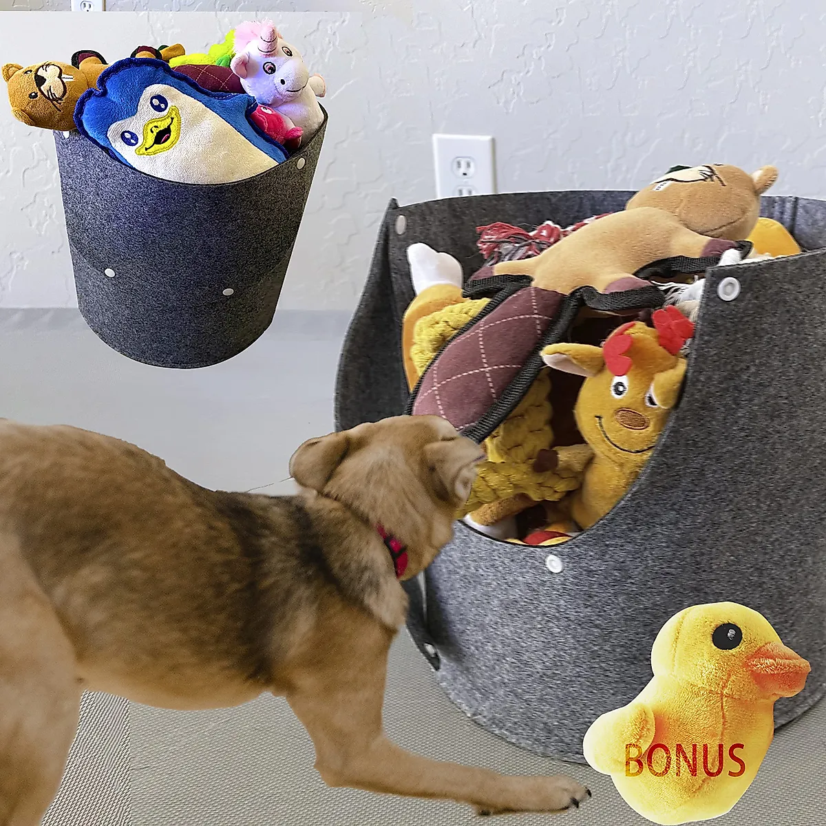 Jalousie Dog Toy Storage Basket Dog Toy Bin with Handle - Heavy Duty Thick Felt Extra Bonus Squeaky Dog Toy Included - Perfect for Organizing Pet Toys and Accessories Puppy Toy Storage for Easy Assess