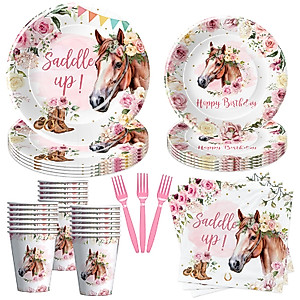 HIPVVILD Cowgirl Horse Party Decorations Tableware - Saddle Up Western Birthday Party Supplies, Paper Plate, Cup, Napkin, Fork, Wild West Cowgirl Birthday Baby Shower Decorations Dinnerware | Serve 24