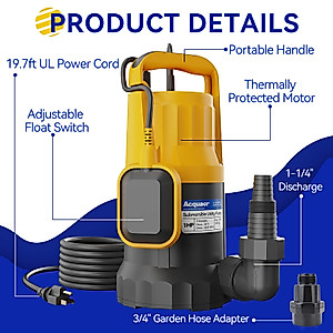 Acquaer 1HP Utility Pump 4345GPH Submersible Sump Pump with Automatic Float Switch, Water Removal for Hot Tub, Pools, Basements, Garden Pond