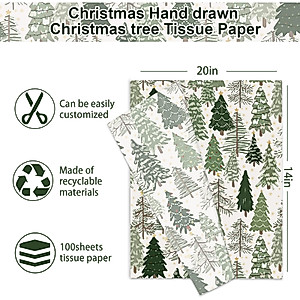 JarThenaAMCS 100 Sheet Christmas Tissue Paper Watercolor Forest Art Tissue Green Xmas Tree Wrapping Paper for Winter Birthday Wedding DIY Craft Gift Packing, 14 x 20 Inch