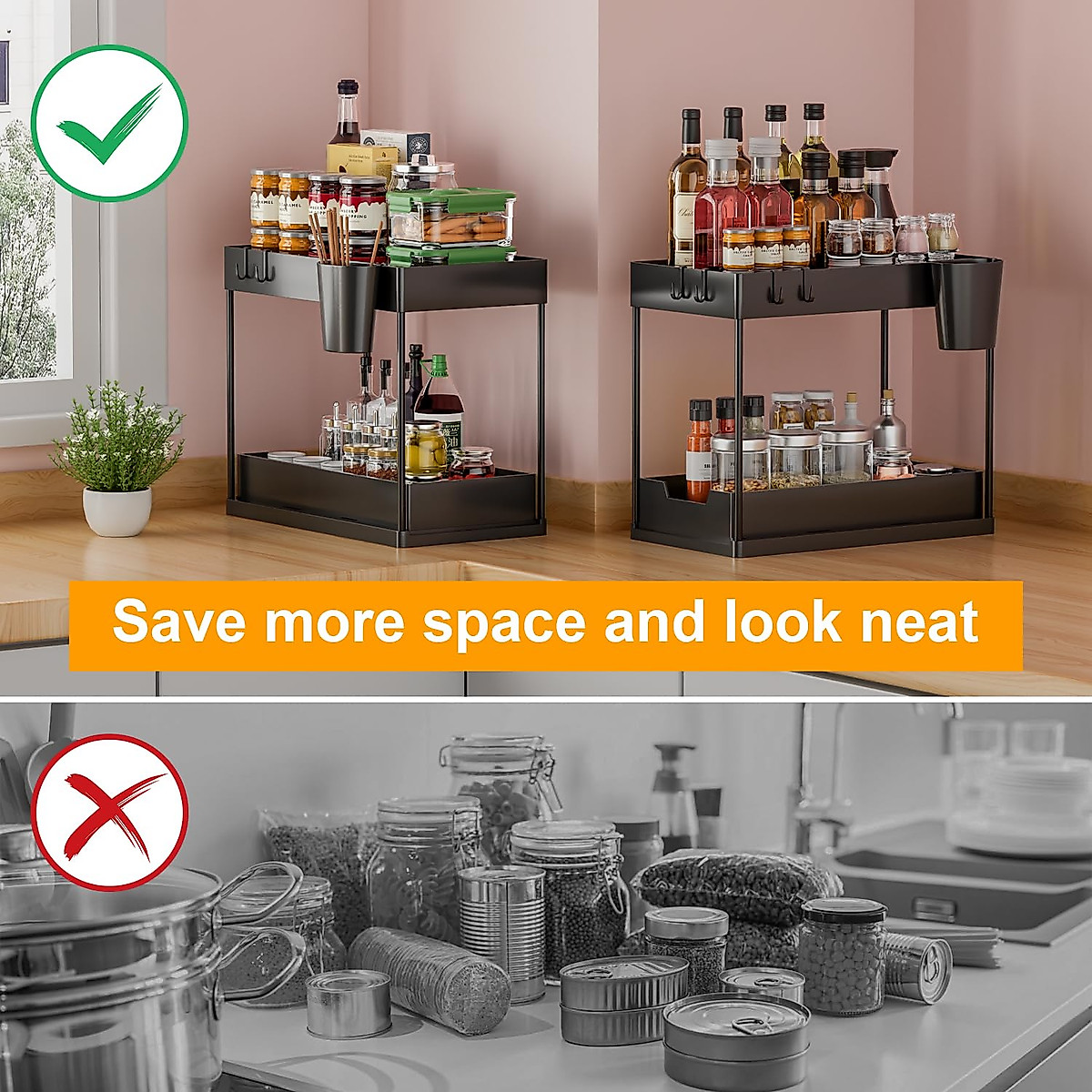 GORLDE Under Sink Organizers and Storage,2 Tier undersink organizers with Pull Out Sliding Drawers,Multi-purpose Bathroom Kitchen Under Cabinet Organizer with Hooks Hanging Cup,Black