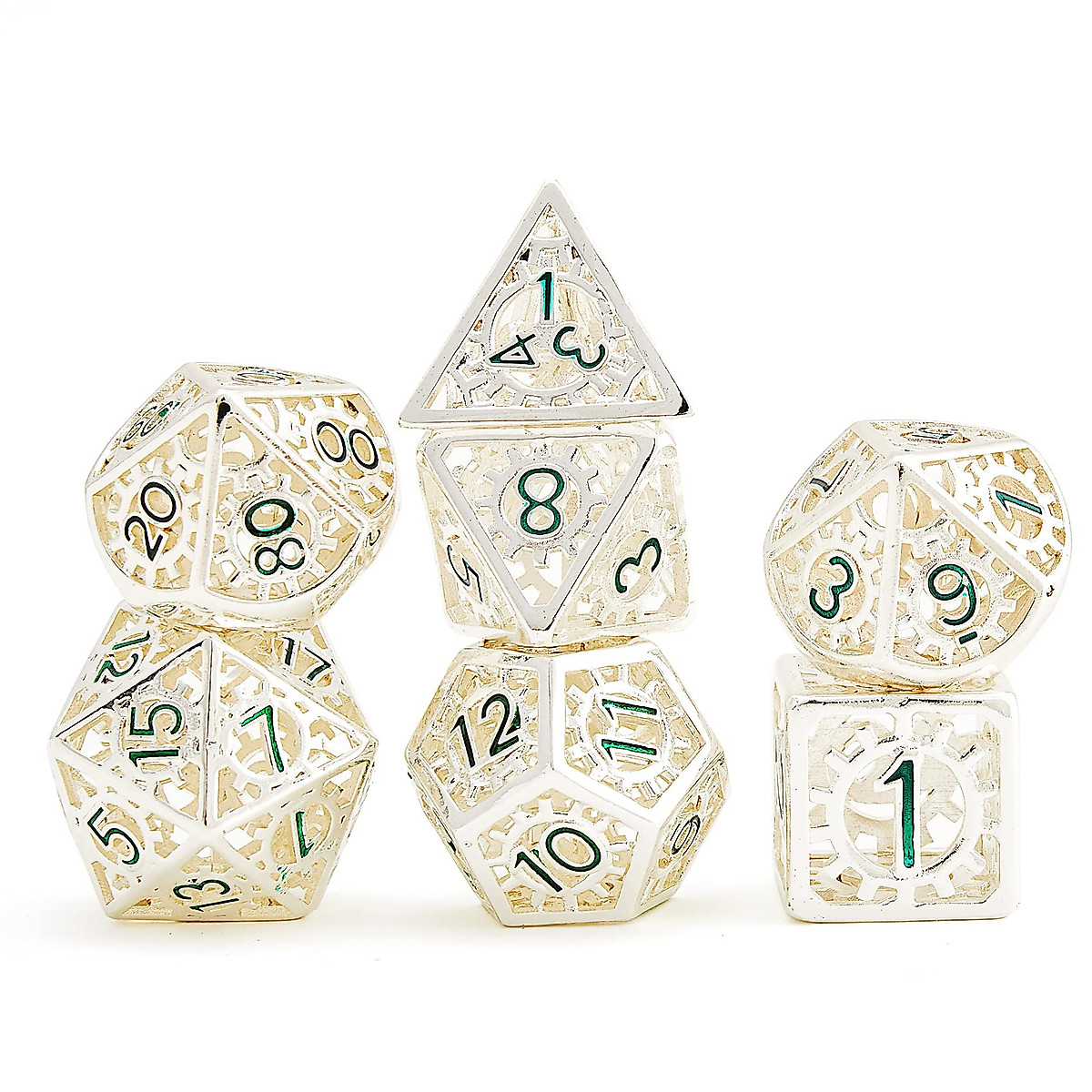 Hollow Metal DND Dice Set of 7 Uniquely Designed Polyhedral D&D Dice Set with Gift Metal Box and Numbers for Dungeons & Dragons RPG Role Playing and Pathfinder Dice Games(White-2)